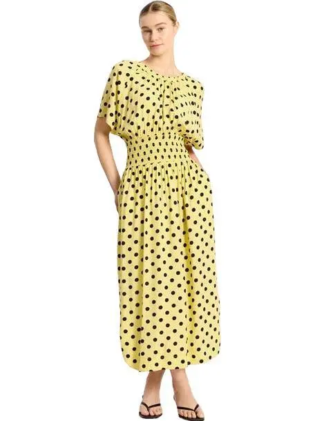 ALBARAY Polka Dot Shirred Waist Midi Dress - Yellow