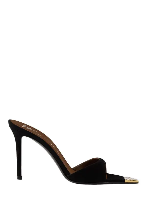 GIUSEPPE ZANOTTI Pointed Suede Mule With Rhinestone Embellished Metal Toe Cap - Black