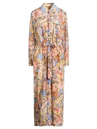 Momoni Floral Print Belted Maxi Shirt Dress - Beige