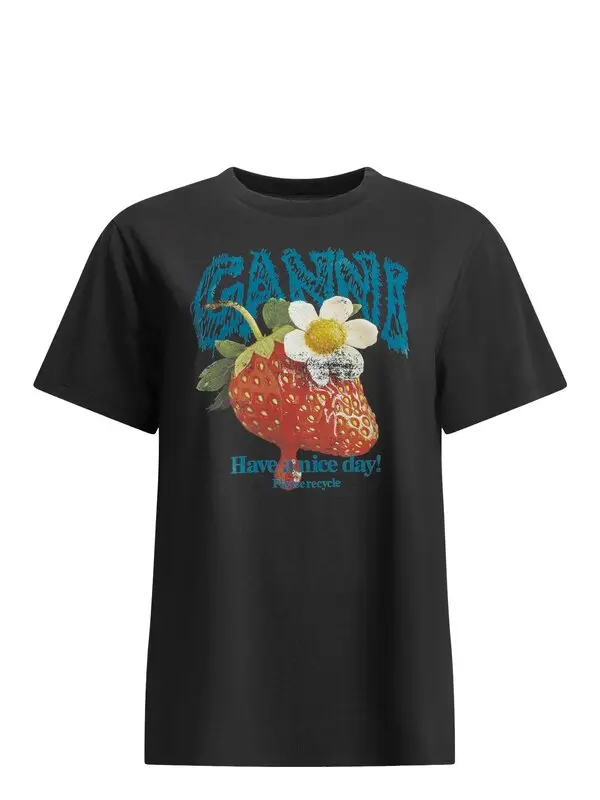 GANNI Strawberry Graphic Crewneck T-shirt In Organic Cotton - Black