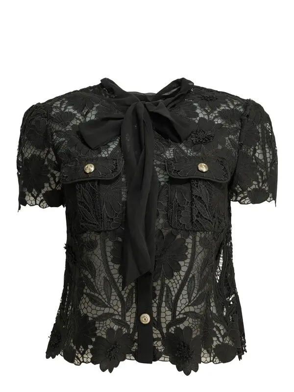 SELF-PORTRAIT Lace Bow Collar Blouse - Black