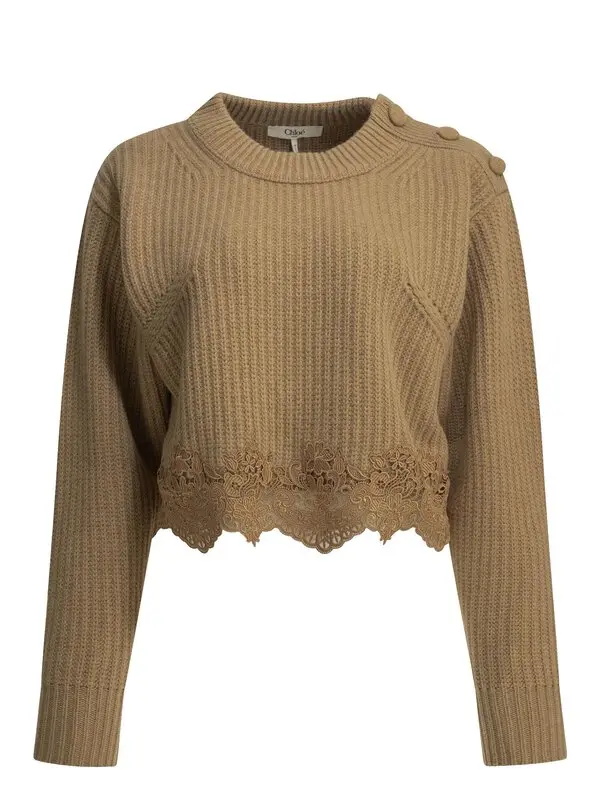 Chloé Cropped Wool-cashmere Blend Sweater With Lace Trim - Brown