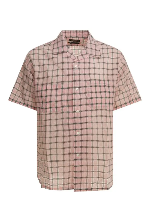 BEAMS Open Collar Airy Plaid Nylon Shirt - Pink