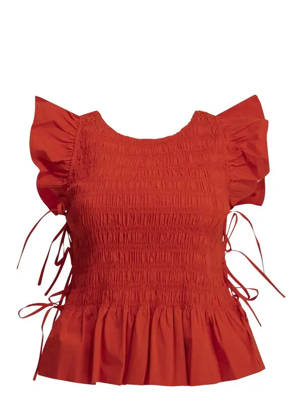 GANNI Pleated Top With Bell Sleeves And Tie Details - Red