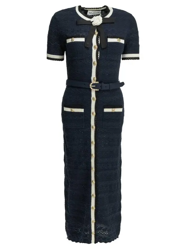 SELF-PORTRAIT Knit Midi Dress With Bow Detail - Blue