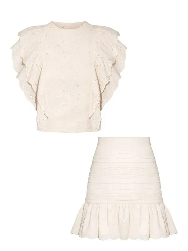 TIA DORRAINE Ruffled Open Back Top And Ruched Mini Skirt Set - Beige