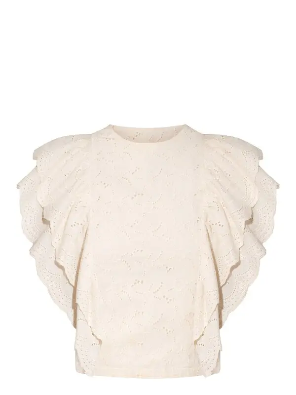 TIA DORRAINE Embroidered Ruffled Cotton Top - Beige