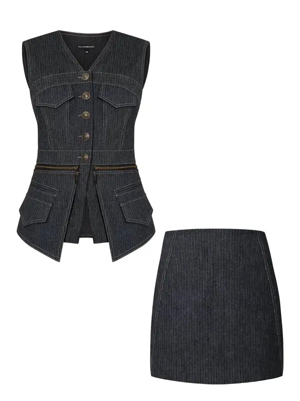 TIA DORRAINE Pinstriped Denim Vest And Skirt Set - Blue