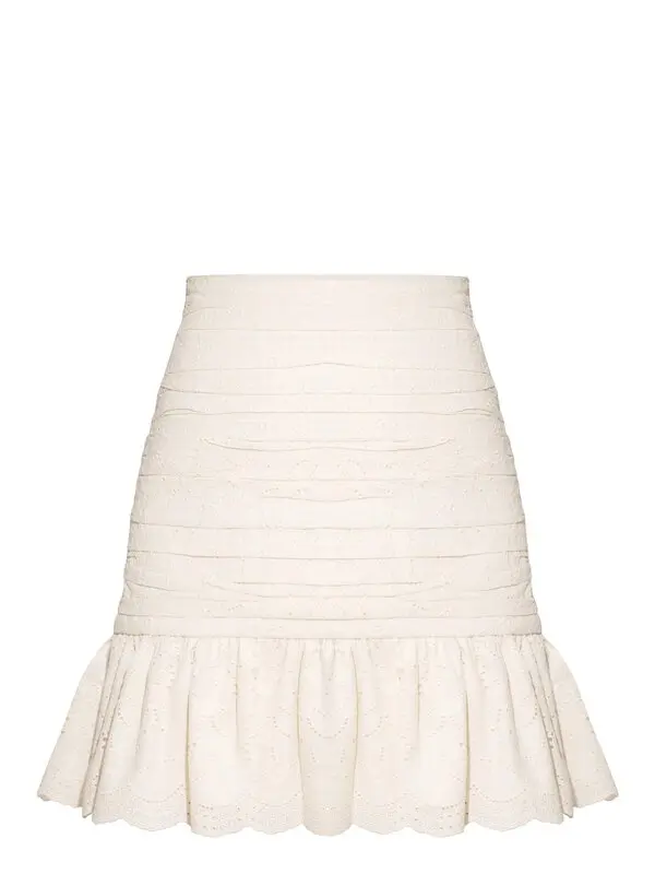 TIA DORRAINE Ruched Cotton Mini Skirt With Ruffle Hem - Beige