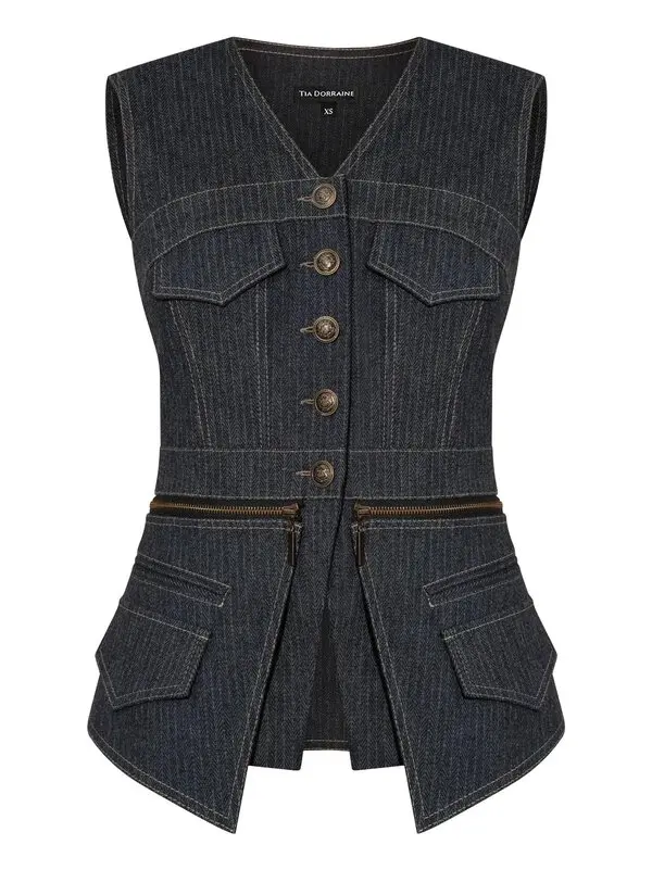 TIA DORRAINE Sleeveless Denim Top Vest With Pinstripe And Flared Hem - Blue