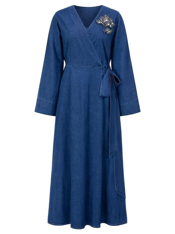 EXQUISE Embroidered Wrap Midi Dress Indigo - Blue