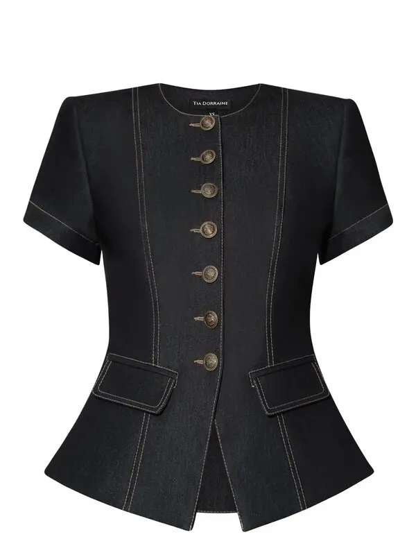 TIA DORRAINE Short Sleeves Denim Blazer - Black