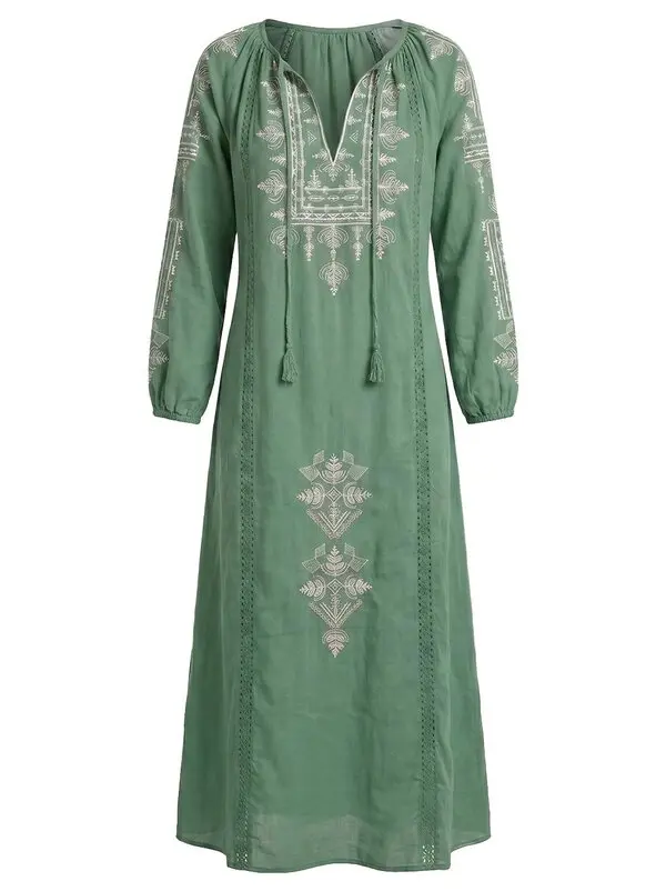 RAFFYA Aurelia Embroidered Kaftan Maxi Dress - Green
