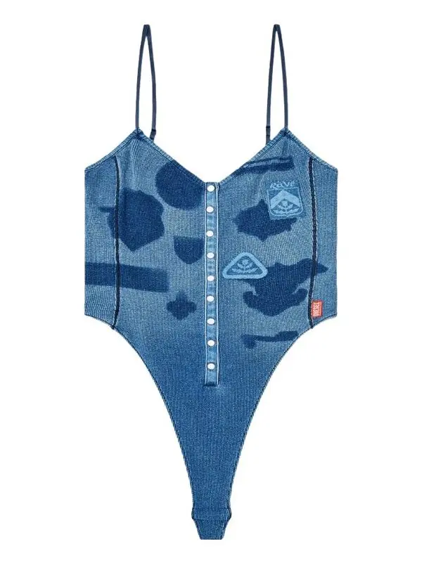 DIESEL® Bodysuit In Ribbed Jersey With Shadow-patch Effects - Medium Blue