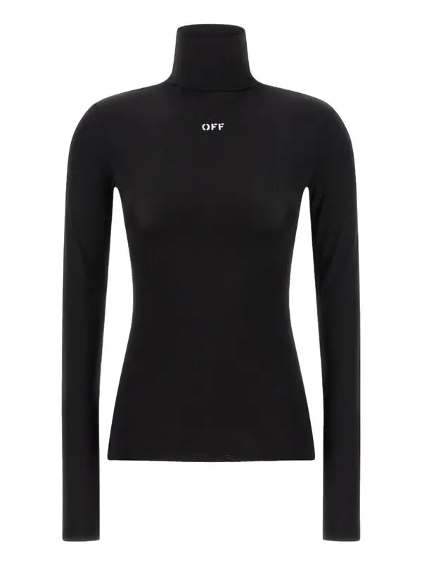 Off-White High Neck Long Sleeve Top With Logo Print - Black