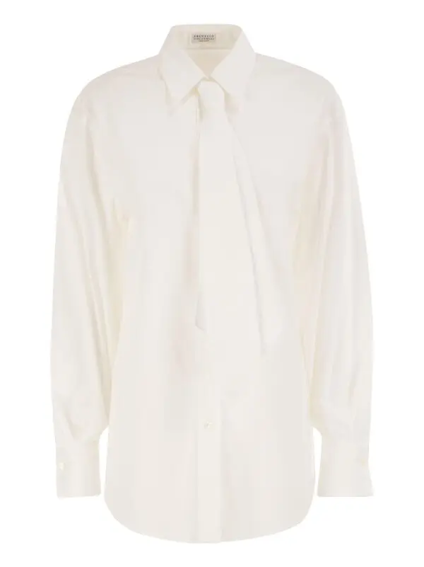 Brunello Cucinelli Stretch Cotton Shirt With Integrated Tie - White