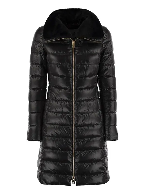 Herno Elisa Long Down Jacket In Ultralight Nylon With Faux Fur Collar - Black