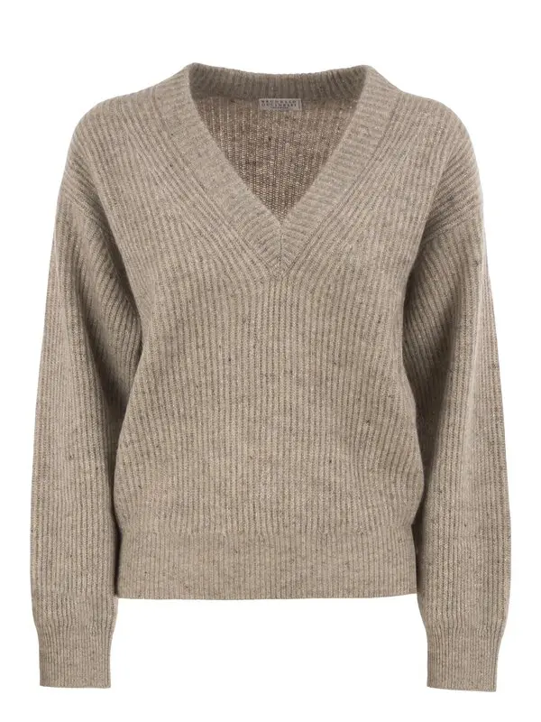Brunello Cucinelli Ribbed Cashmere, Mohair, And Wool Jumper With Luminous Yarn - Cream