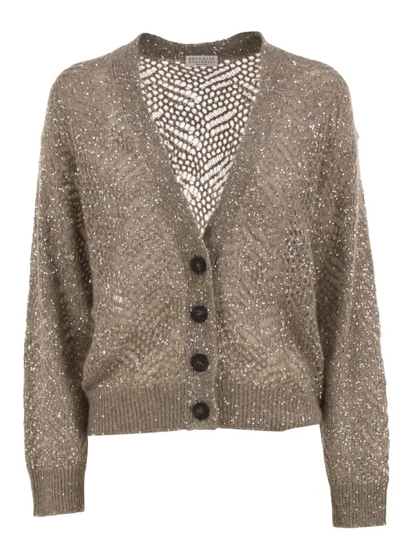 Brunello Cucinelli Openwork Mohair Cardigan With Sequins - Brown