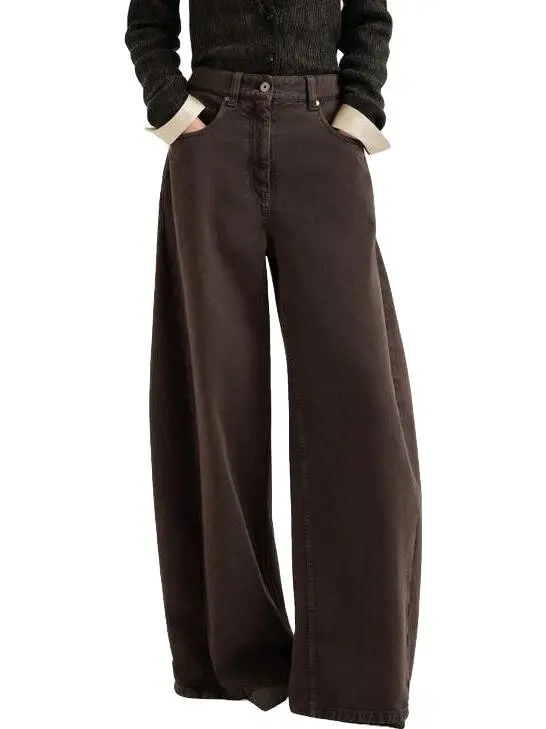 Brunello Cucinelli Dyed Wide Leg Trousers With Monili - Pine Cone Brown
