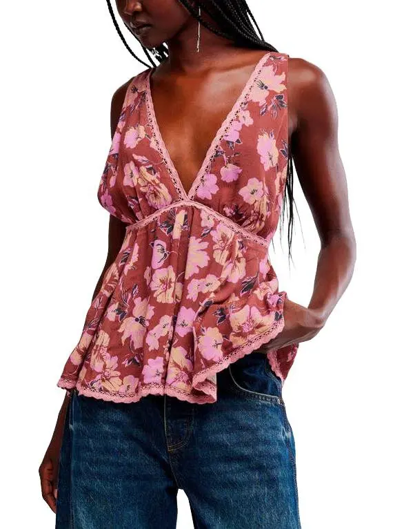 Free People Rome" Printed Lace Trim Tank - Brown Combo