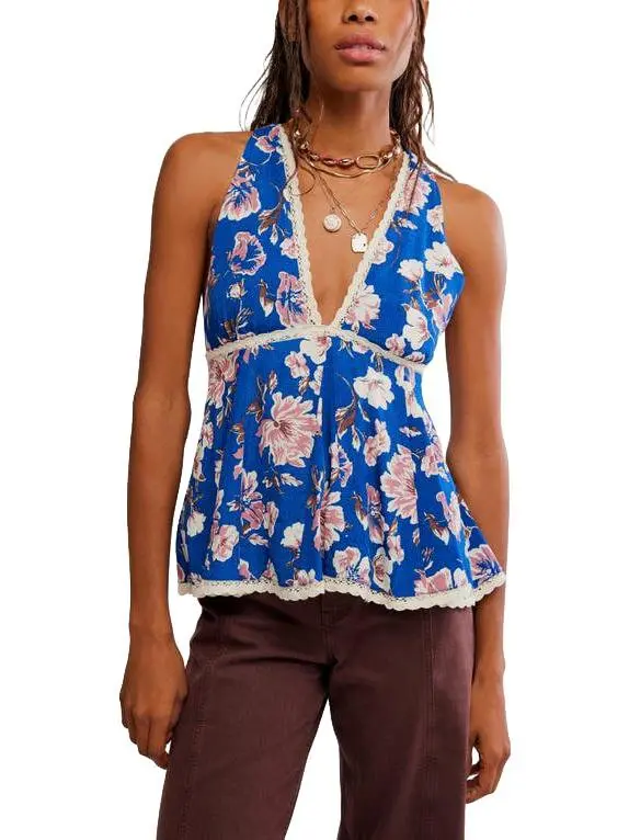Free People Rome" Printed Lace Trim Tank - Navy Combo
