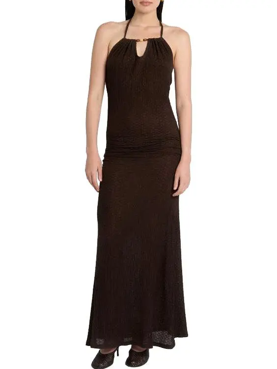 MUSE ASSEMBLY Halter Neck Jacquard Maxi Dress - Brown