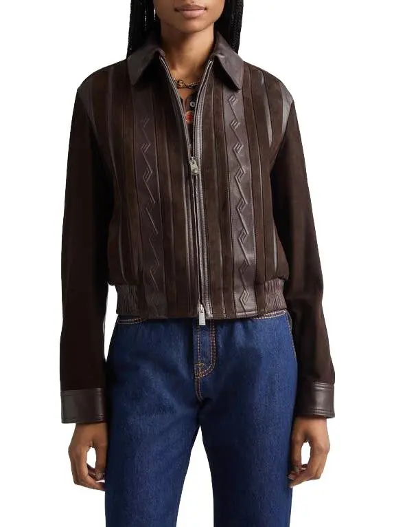 Versace Mixed Media Greca Blouson Jacket - Brown