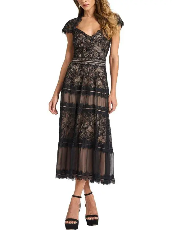 Tadashi Shoji Lace V-neck Midi Dress - Black/nude