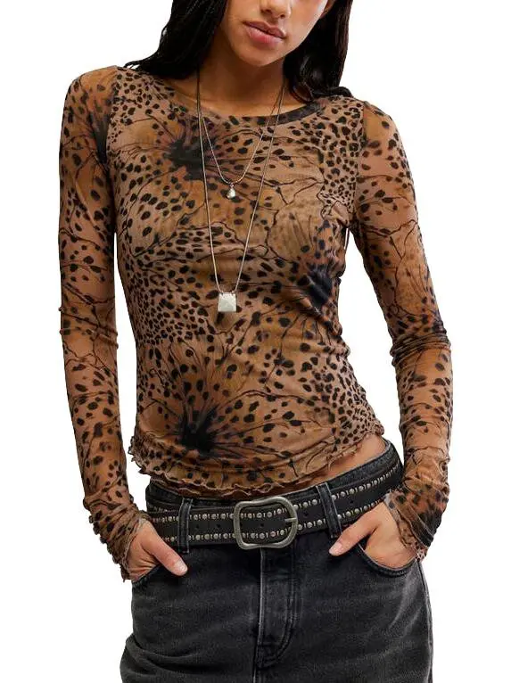 Free People Lilly Print Long Sleeve Mesh Top - Brown Combo