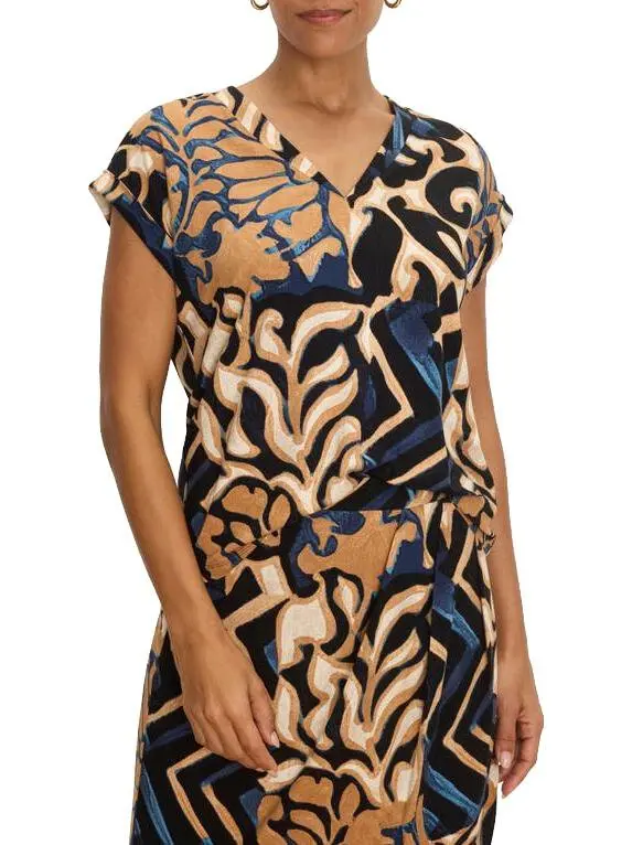 NIC+ZOE Deco Blooms V-neck Top With Cap Sleeves - Blue Multi