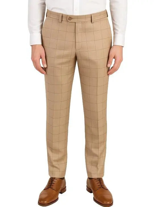 Berle Windowpane Check Flat Front Wool & Silk Blend Dress Pants - Tan