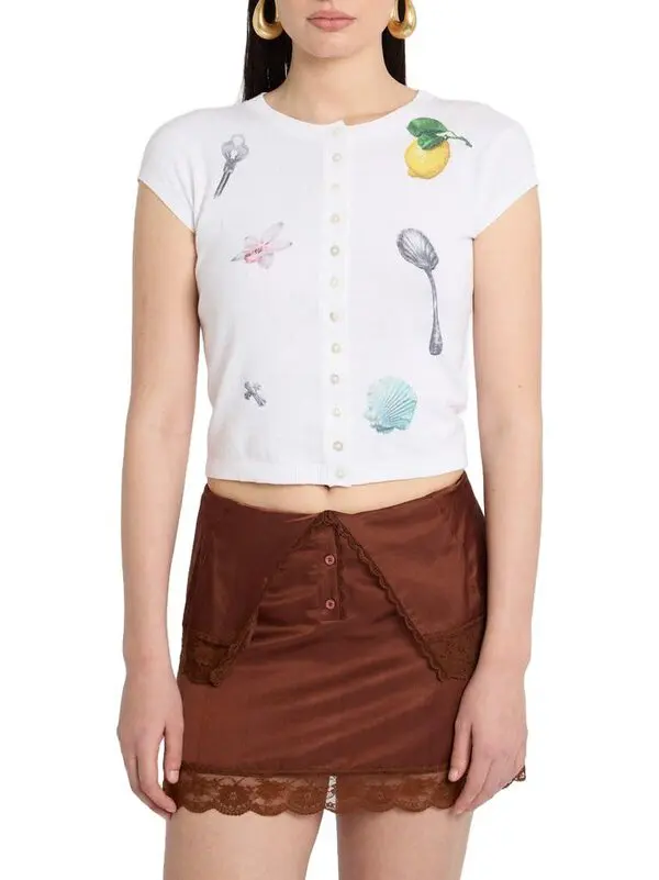MUSE ASSEMBLY Printed Motif Cropped Cardigan - White