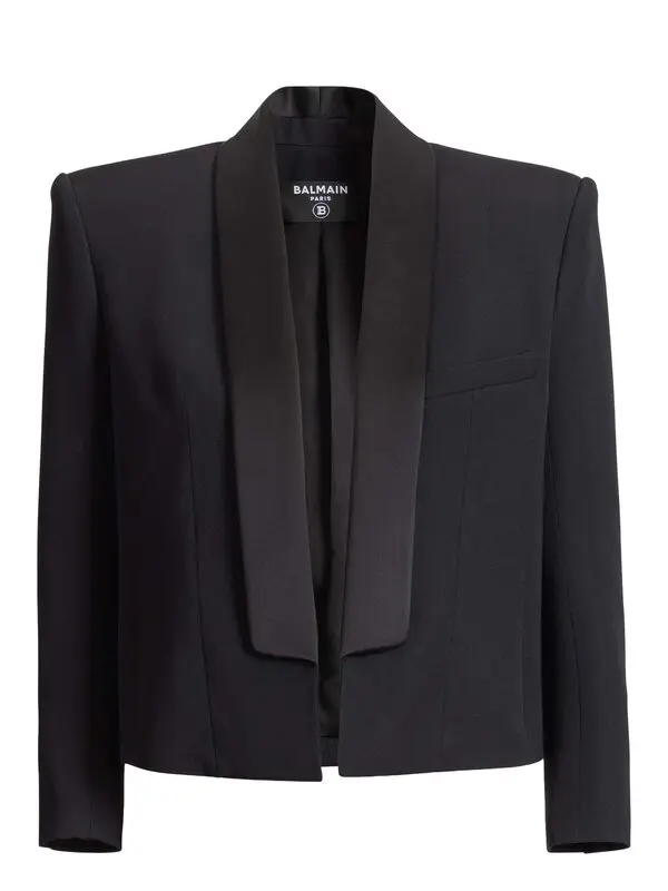 Balmain Cropped Grain De Poudre Jacket With Shawl Collar - Black