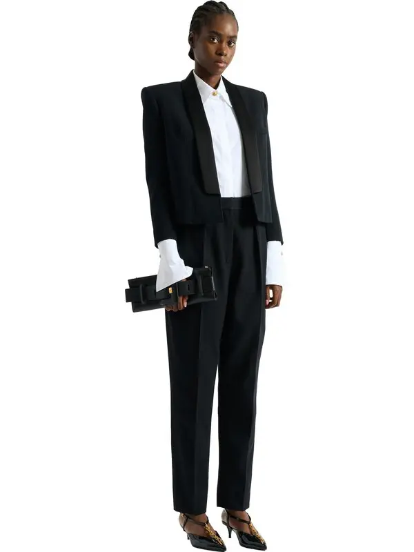 Balmain Cropped Grain De Poudre Jacket With Shawl Collar - Black