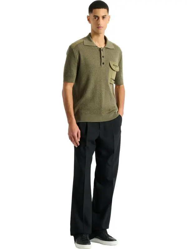 Balmain Vintage Utility Ribbed Knit Polo - Khaki