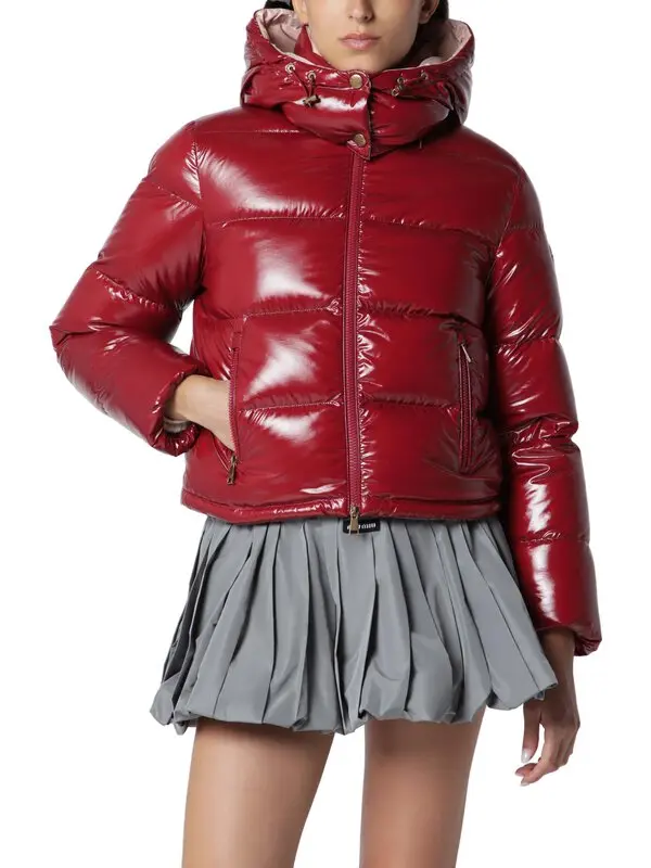 Moncler Cropped Glossy Nylon Down Jacket - Red
