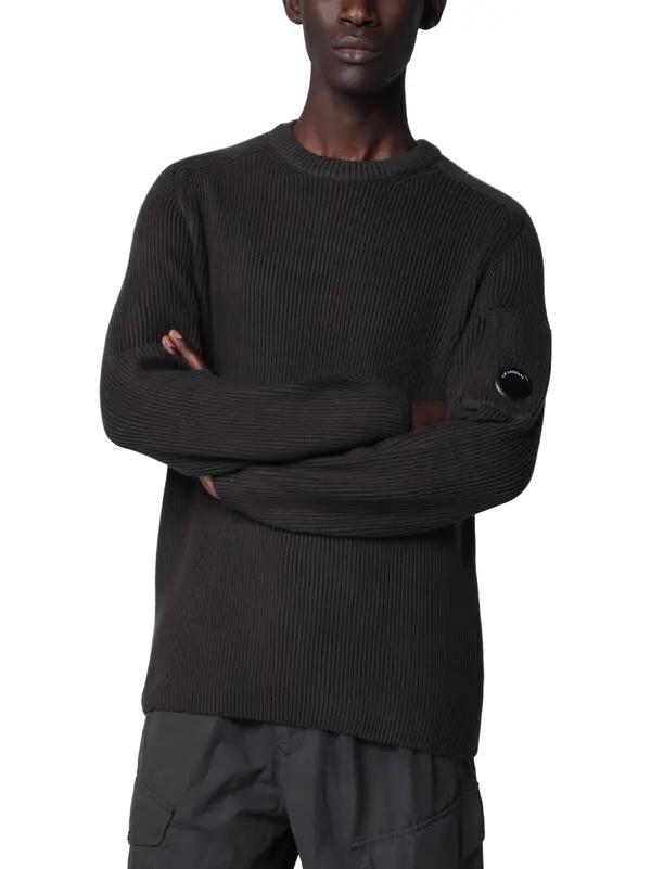 C.P. COMPANY Cotton-blend Ribbed Crew Neck Sweater With Lens Detail - Blue