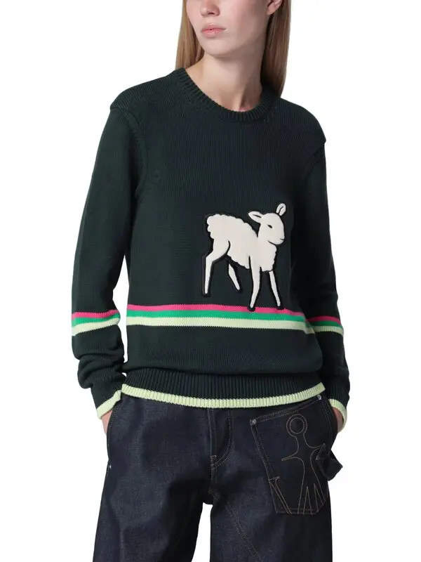 JW Anderson Embroidered Sheep Crew Neck Sweater - Green