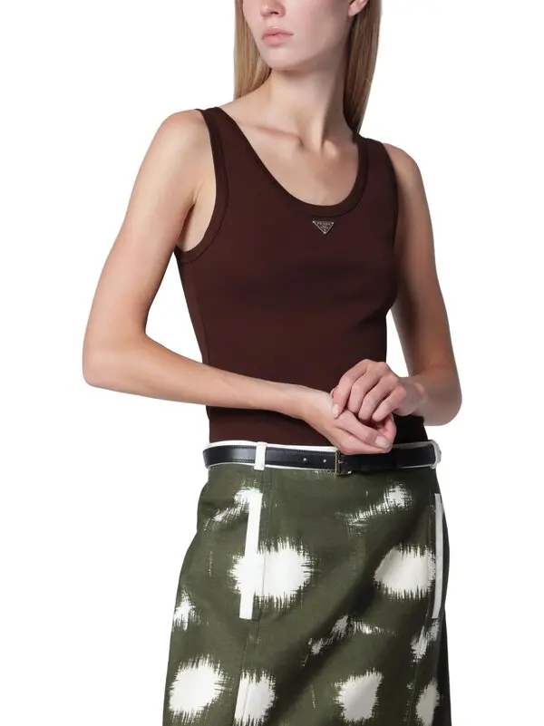Prada Ribbed Cotton Tank Top With Triangle Logo - Brown