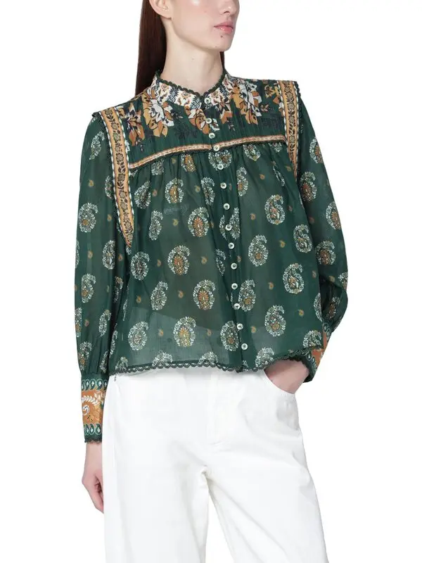 Farm Rio Printed Cotton Blouse With Lace Details - Green