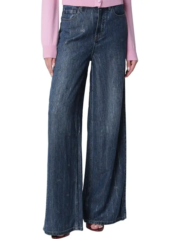 SELF-PORTRAIT Wide-leg Jeans With Rhinestone Stripes - Blue