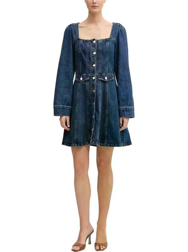 GESTUZ Button-up Denim Mini Dress With Square Neck - Blue