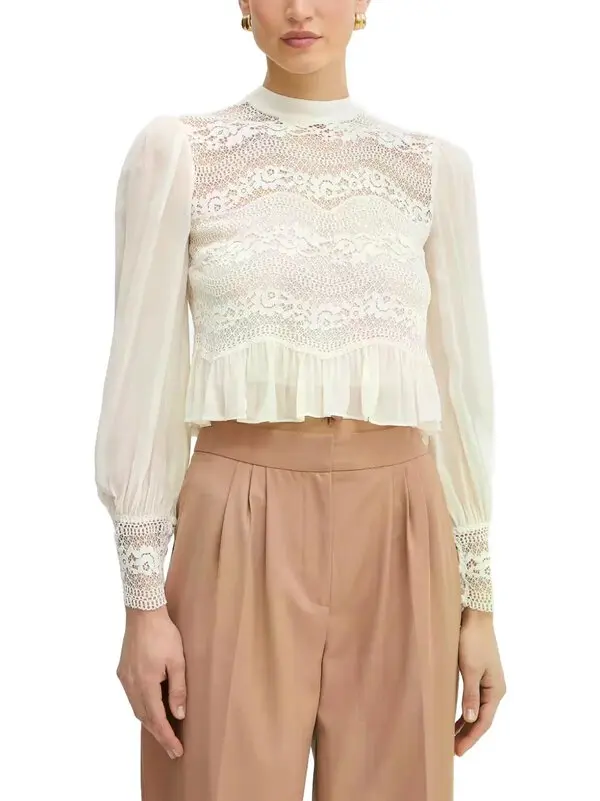 TWINSET Lace Panelled High Neck Puff Sleeve Top - Neutrals