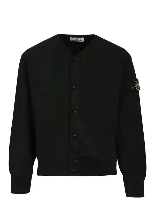 Stone Island Logo Patch Button-up V-neck Sweater - Black