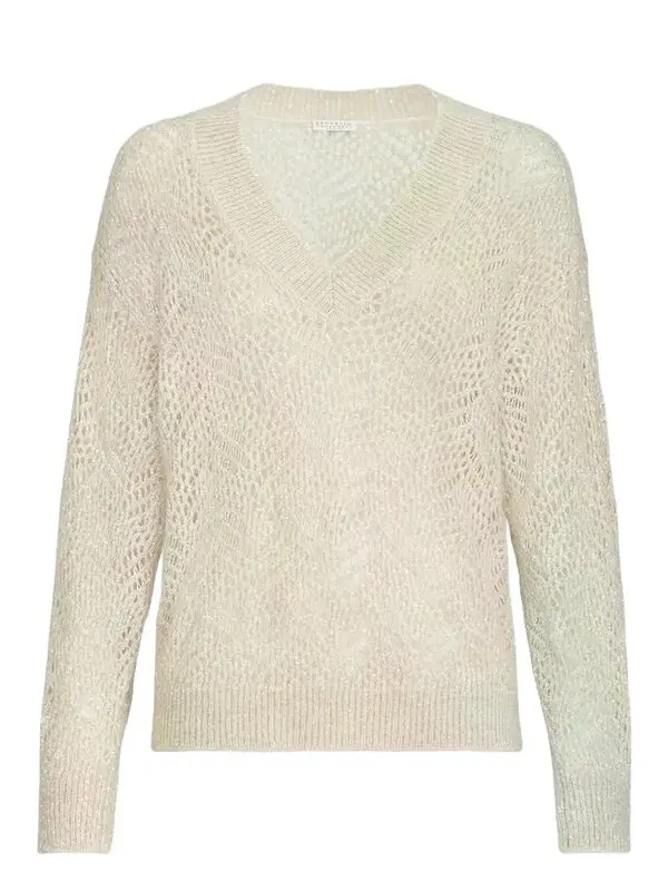 Brunello Cucinelli Mohair And Wool Abstract Leaf Knit V-neck Sweater - Neutrals
