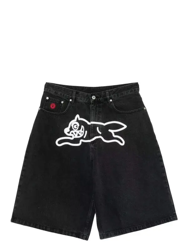 ICECREAM Running Dog Wide Leg Denim Shorts - Black