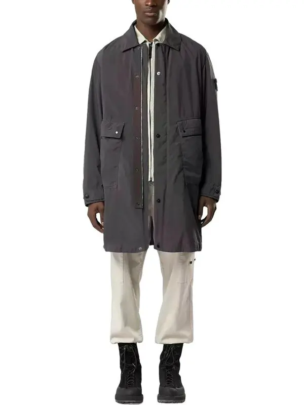 Stone Island Logo Patch Button-up Trench Coat - Grey