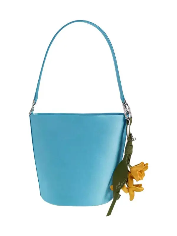 SELF-PORTRAIT Satin Bucket Bag With Floral Keychain - Blue