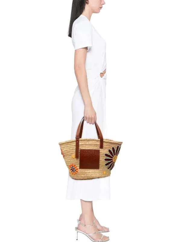 Loewe Large Floral Embroidered Raffia Basket Tote Bag - Neutrals